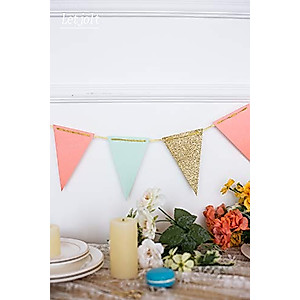 Glitter Gold Mint Coral Party Banner Decoration Anniversary Graduation Supplies Paper Garland Pennant for Baby Shower Birthday Party Nursery Anniversary Decorations 10 Feet 15 Pcs (Gold Coral Mint)
