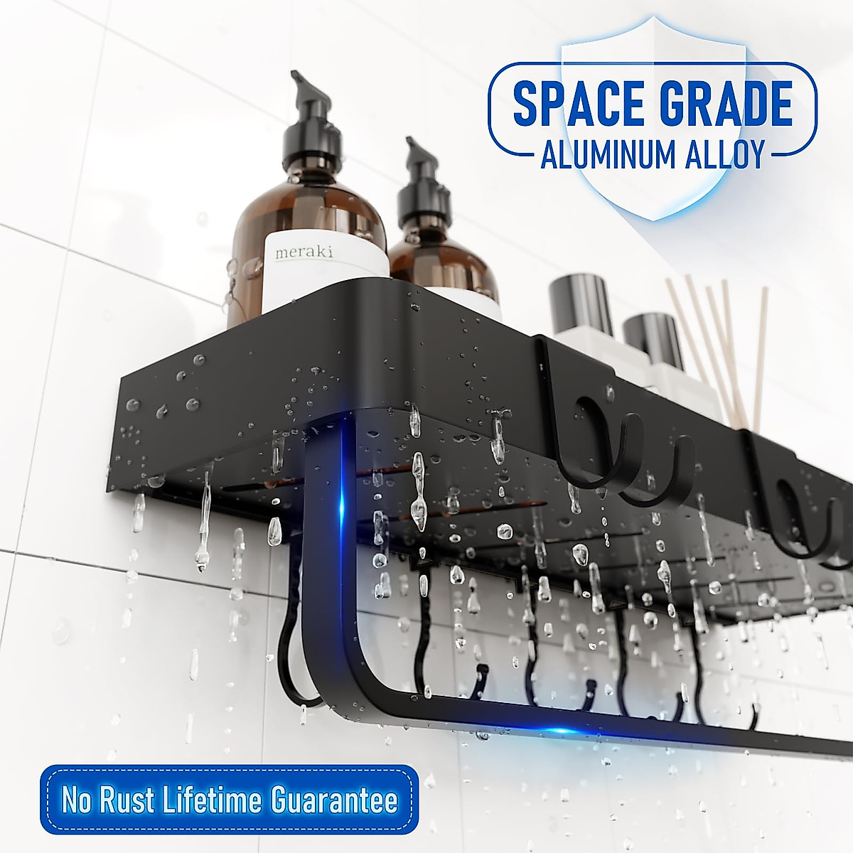 Big Lighting Deals Shower Caddy With Hooks And Towel Bar, Self Adhesive Shower Shelves For Bathroom Wall, Rust Proof Shower Shelf For Inside Shower, Shower Organizer, Black, No Drill, 2 Pack