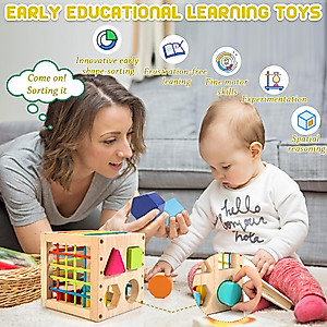 Winique Wooden Shape Sorter Toys for Toddlers 1-3 Years Old, Montessori Toys for 1 Year Old Baby Girls & Boys, Activity Cube with 8pcs Geometric Shape Blocks and Gift Box for Christmas