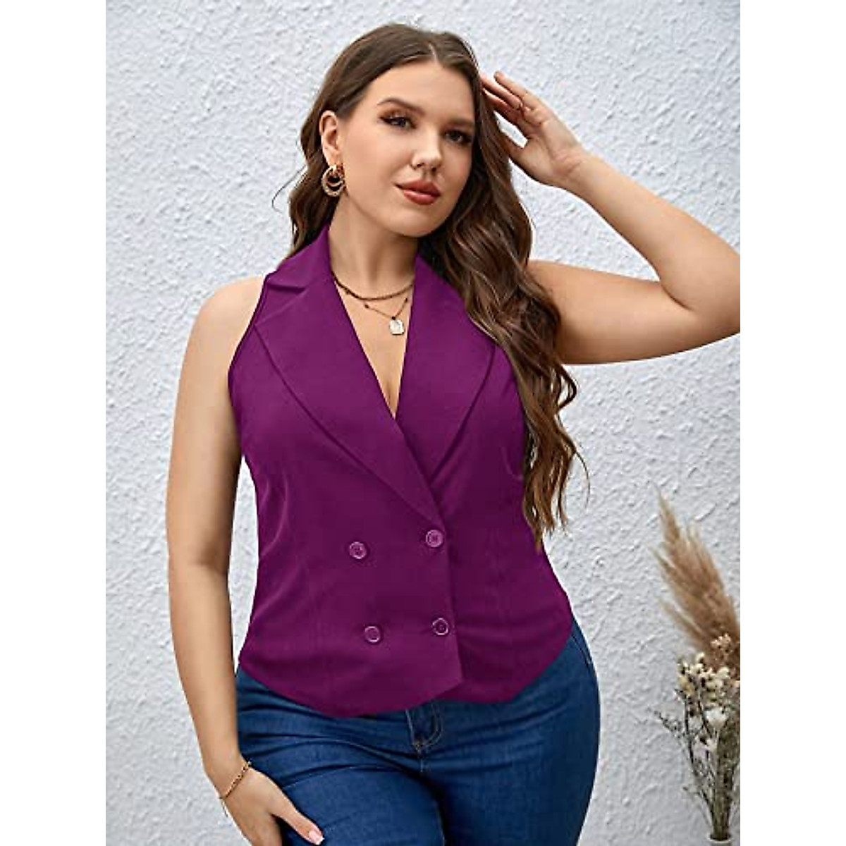 Floerns Women's Plus Size Lapel Collar Sleeveless Button Front Vest Blazer Purple 1XL