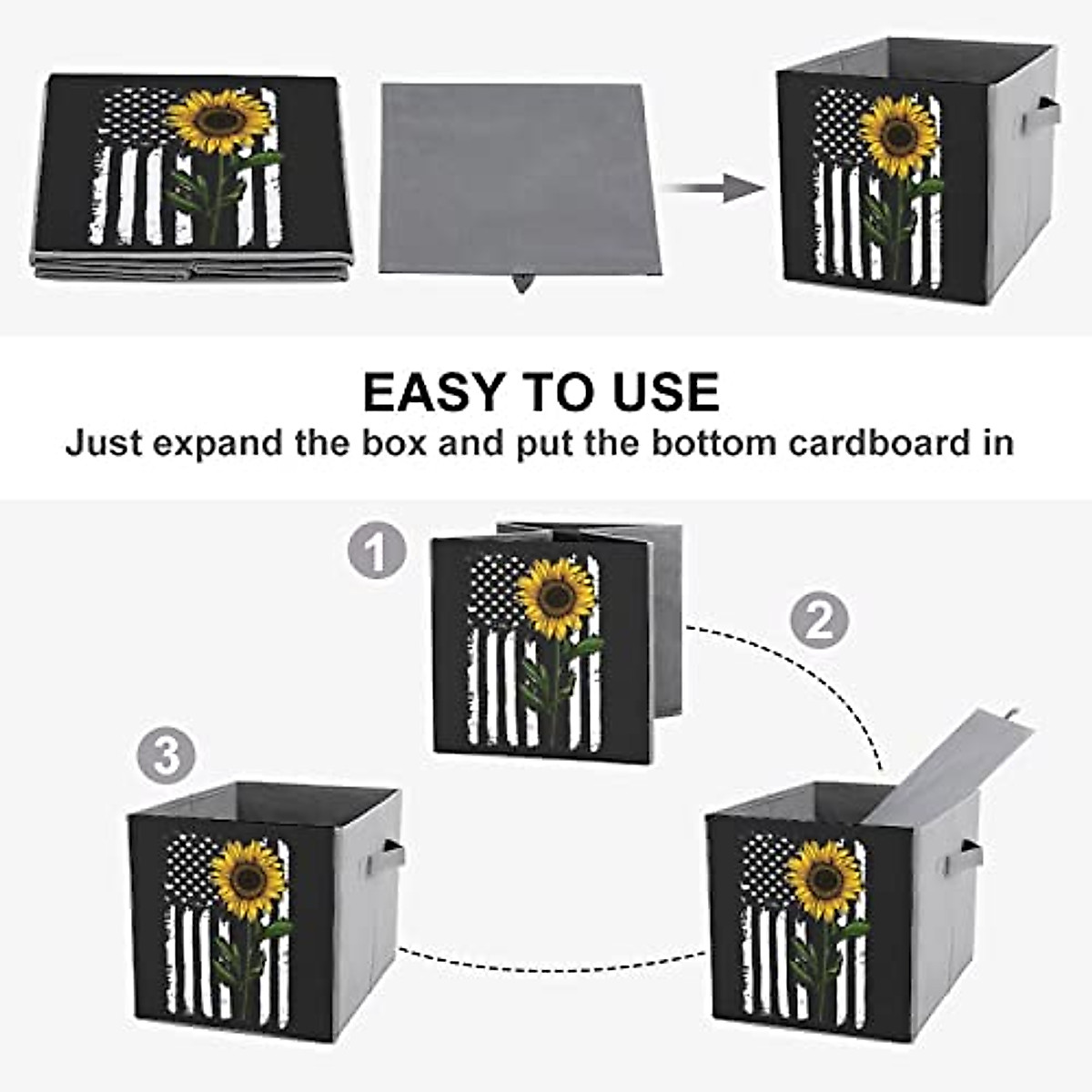 Sunflower American Flag Collapsible Storage Bins Basics Folding Fabric Storage Cubes Organizer Boxes with Handles