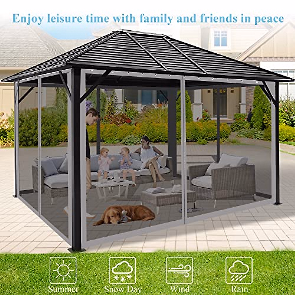 Funny Sunny 10' x 12' Patio Hardtop Gazebo - Outdoor Heavy Duty Gazebo with Aluminum Frame, Galvanized Hardtop Gazebo with Breathable Netting for Garden, Lawns, Party, Poolside