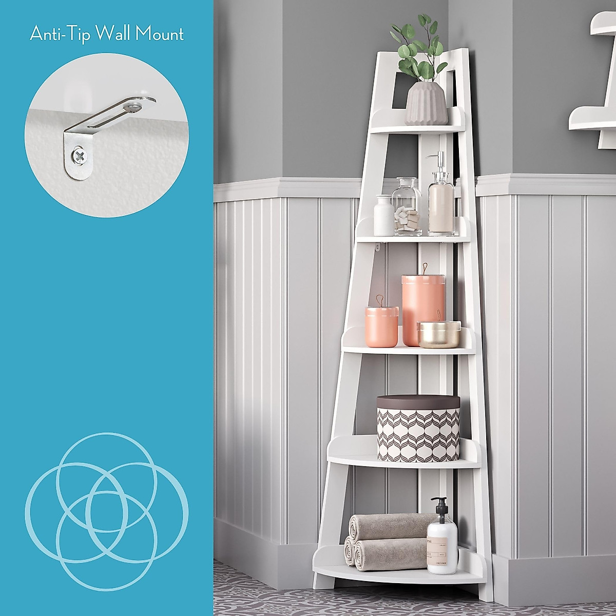 RiverRidge Amery 5-Tier Corner Ladder Shelf - Narrow Corner Shelf Maximizes Storage & Display in Small Spaces - White Open Shelving Design for Bathroom, Living Room, Office