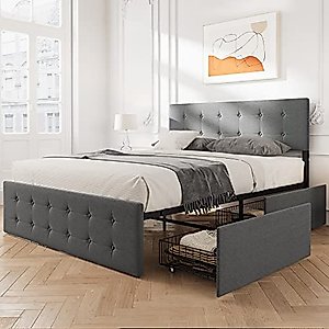 Amyove Queen Bed Frame with 4 Storage Drawers,Fits 8'' 10'' 12" Mattress (Queen (U.S. Standard)), Grey (Bed 0927)