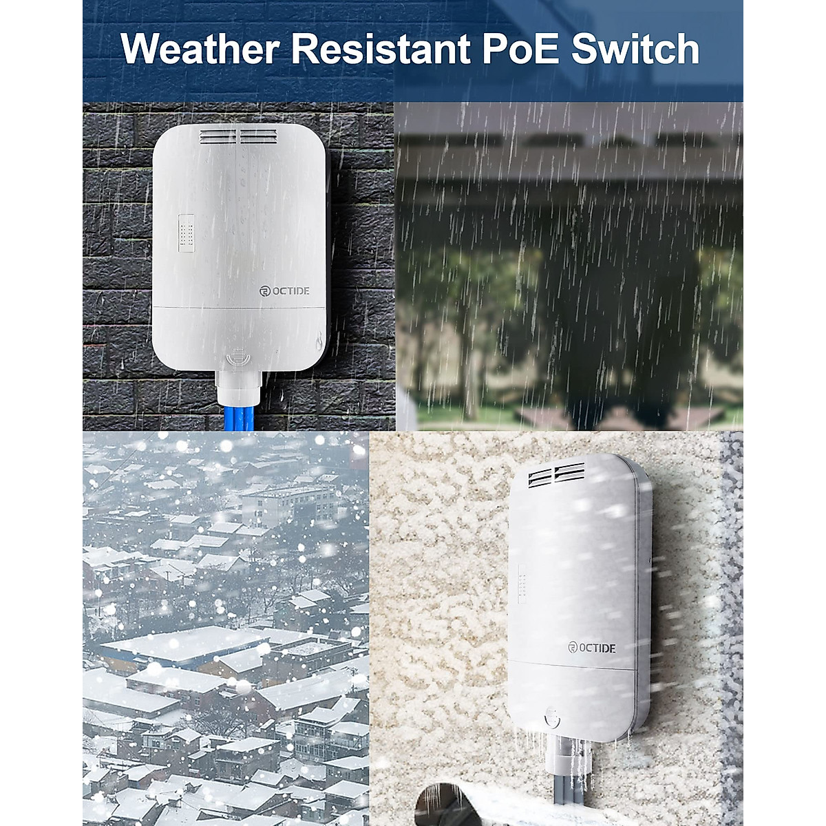 Octide Outdoor Weatherproof PoE Switch, with 4×Gigabit Poe Ports+1×Gigabit Uplink Port+1SFP Slot, All-in-One Box, IEEE802.3af/at, AI Watchdog, Plug&Play, Fan-Less Unmanaged.