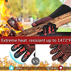BBQ Fireproof Gloves - Grill Cut-Resistant Gloves 1472°F Extreme Heat Resistant, Silicone Non-Slip Oven Gloves for for Kitchen Garden BBQ Grilling and Outdoor Cooking Campfire