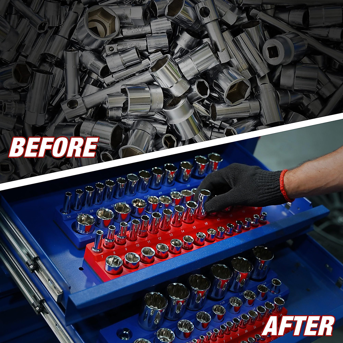 ALOANES 141-Slot Magnetic Socket Organizer, 6PC Socket Holder Kit, 1/2-inch, 3/8-inch, 1/4-inch Drive Socket Tray Holders,for Standard and Deep Metric SAE Sockets, Heavy Duty Organizer(Red&Blue)