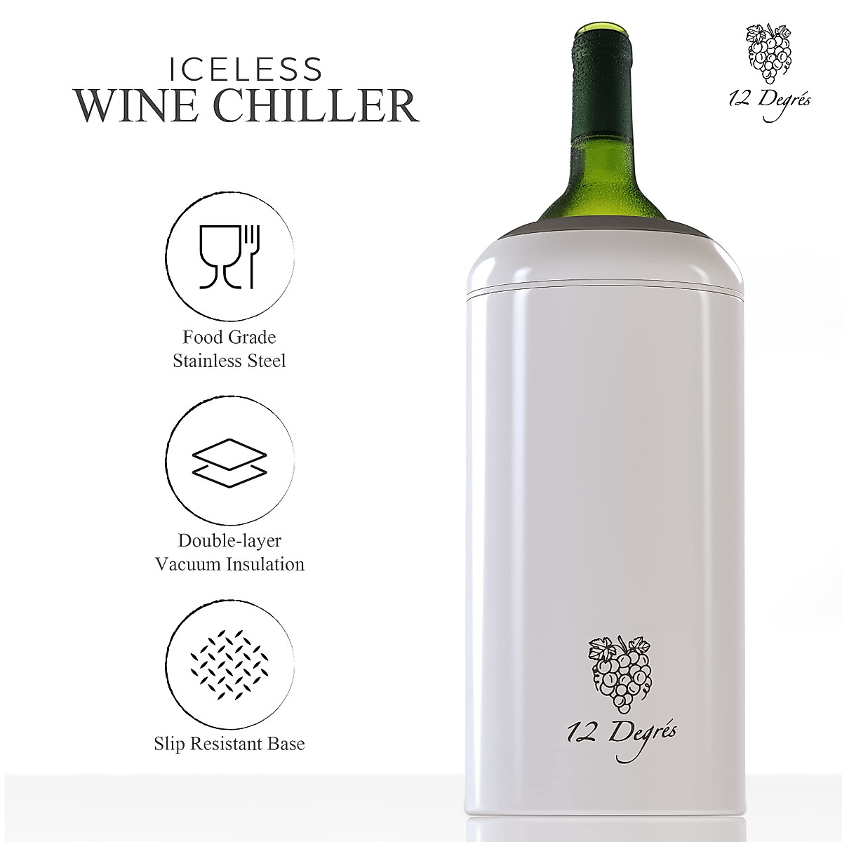 12 Degrés Wine Chiller Set - Perfect Wine Gifts for Women & Men - Stainless Steel Insulated Wine Cooler with Wine Pump, Aerator & 4 Stoppers (White Matte)