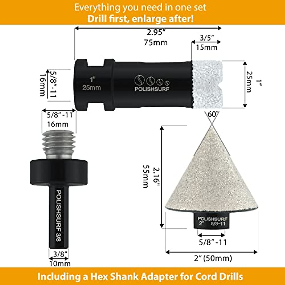 Diamond Core Drill Bits 1 Inch and Beveling Chamfer Bits 2 Inch Kit Vacuum Brazed Hole Saw with 5/8-11 Thread Plus 3/8 Inch Hex Shank Adapter (Set-1 with 1" (25mm) Diamond Drill Bit)