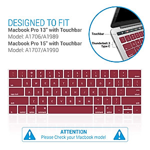 iBenzer Macaron Series Silicone Keyboard Cover for MacBook Pro 13’’ or 15’’ with Touch Bar (2018 2017 2016 Model: A1706 A1707 A1989 A1990), Wine Red, MKC05WR