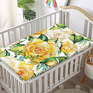 Rose Themed Fitted Mini Crib Sheets,Portable Mini Crib Sheets Soft and Breathable Bed Sheets-Crib Mattress Sheet or Toddler Bed Sheet,24“ x38“,Yellow Beige Green