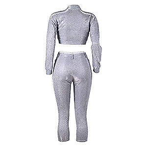 MS Mouse Womens Long Sleeve Jackets and Capris Set Sequin Two Piece Outfits L Silver