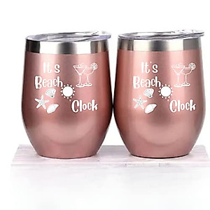 It's Beach O 'Clock, Lovely Shape Rose Gold With white Print, Insulated Wine Tumbler with Lid Double Wall Stainless Steeel, Coffee Mug, Beach Accesories, Cocktail, Beer, Office (Rose Gold)