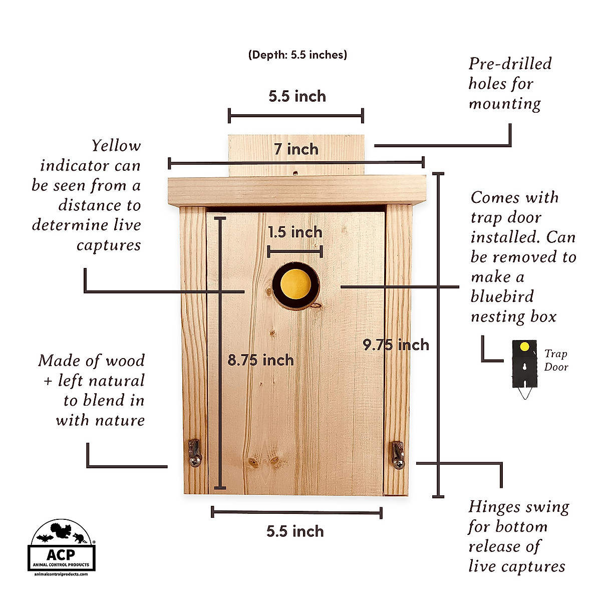 Sparrow Birdhouse Trap 1.5" Bird Hole w/Trap Door | Highly Effective & Easy to Use | Catch and Release Problem Sparrows Small Woodpeckers Wrens & Small Little Annoying Grey Brown Birds Species