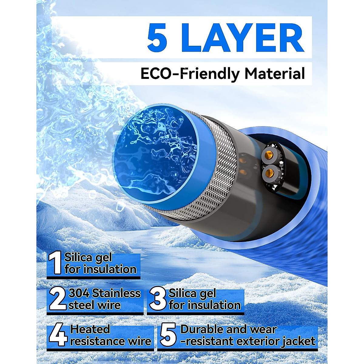 YIZBAP 15FT RV Heated Drinking Water Hose for 5/8" Inner Diameter, Freeze Protection Down to -20°F/-28°C with Energy Saving Thermostat, Includes 3/4" Adapter