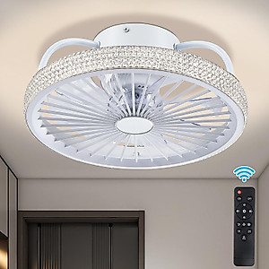 MADSHNE Low Profile Flush Mount Ceiling Fans with Lights and Remote,15'' Small Modern Enclosed Bladeless Ceiling Fans, Mini White LED Ceiling Lighting Fixture