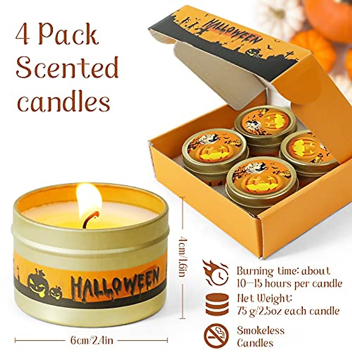Scented Candles, Halloween Decorations, Halloween Candles for Home Scented, Pumpkin Candle Set, Soy Wax Candles Gift Set for Halloween Night Party (4 x 2.5 oz) Valentines Day Gifts for Her