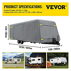 VEVOR RV Cover, 30'-33' Travel Trailer RV Cover, Windproof RV & Trailer Cover, Extra-Thick 4 Layers Camper Cover, Waterproof Ripstop Anti-UV for RV Motorhome with Adhesive Patch & Storage Bag,Grey