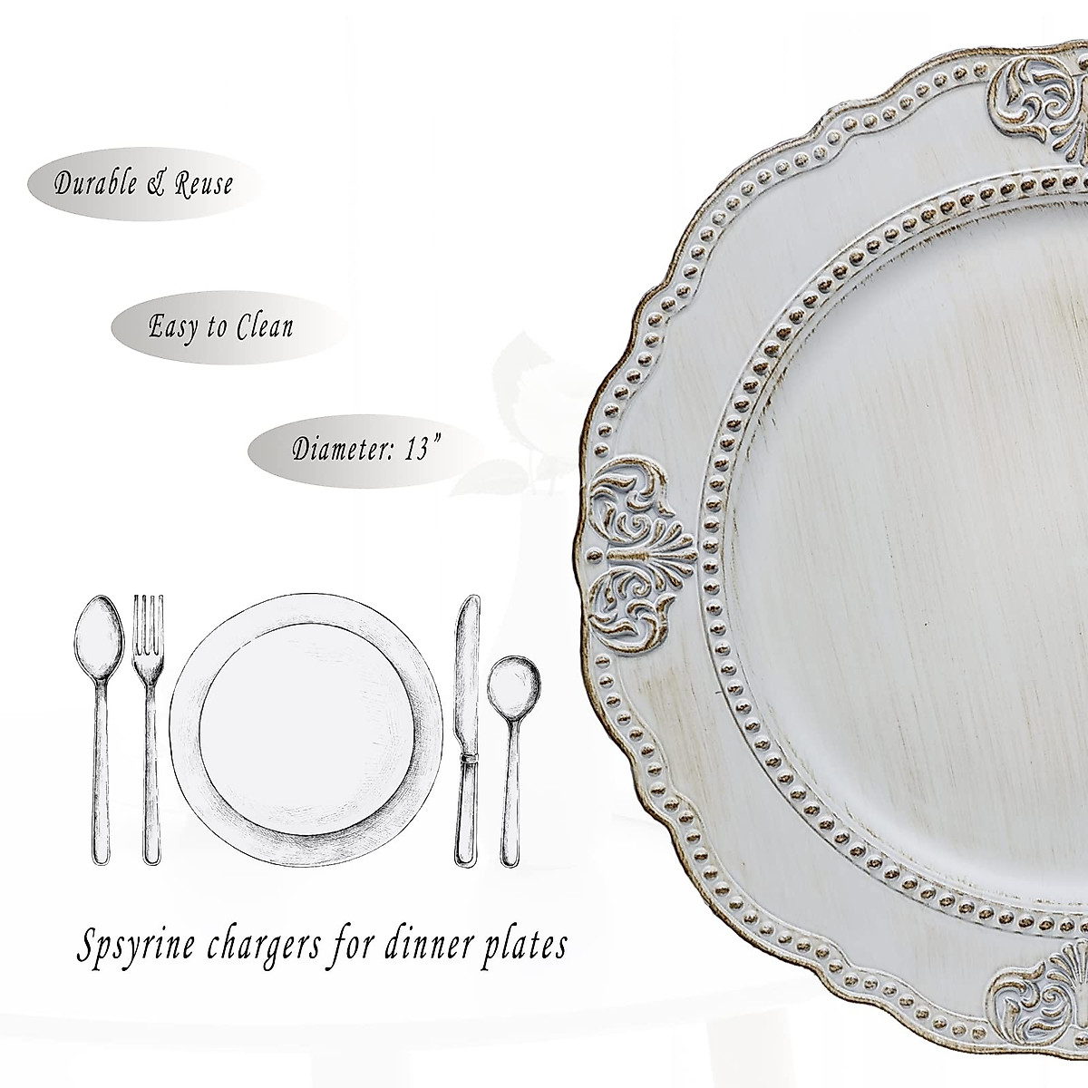 Spsyrine Antique White Charger Plates, Set of 6 Embossed Baroque Chargers for Dinner Plates, Wedding, Party
