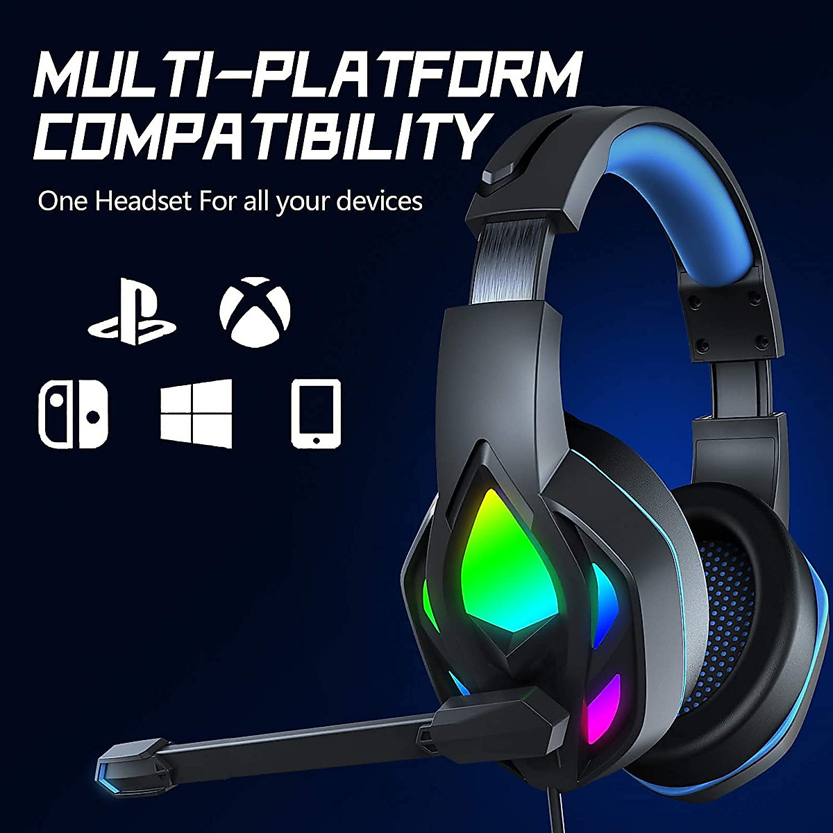 Donerton Gaming Headset, Over-Ear Gaming Headphones with Noise Canceling Mic, Stereo Bass Surround Sound, LED Light, Soft Memory Earmuffs PS4 Gaming Headset Compatible with PC, Laptop,Tablet