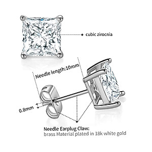 5 Pairs 18K White Gold Plated Princess Cut Clear Cubic Zirconia Stud Earring Pack