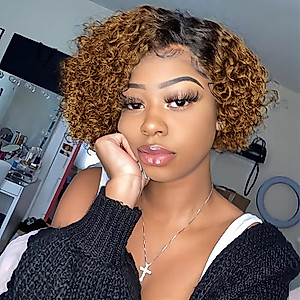 Quantum Love Human Hair Wigs Curly Wave Side Part Wig Short Bob Pixie Cut Brazilian Remy Human Hair Deep Curly None Lace Front Wigs for Women Ombre Black Brown Color