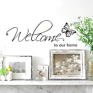 BIBITIME Flying Black Butterfly Saying Welcome to Our Home Front Door Sign Decal Vinyl Letters Quotes Stickers for Christmas Living Room Porch Garden,DIY 27.95" x 10.23"