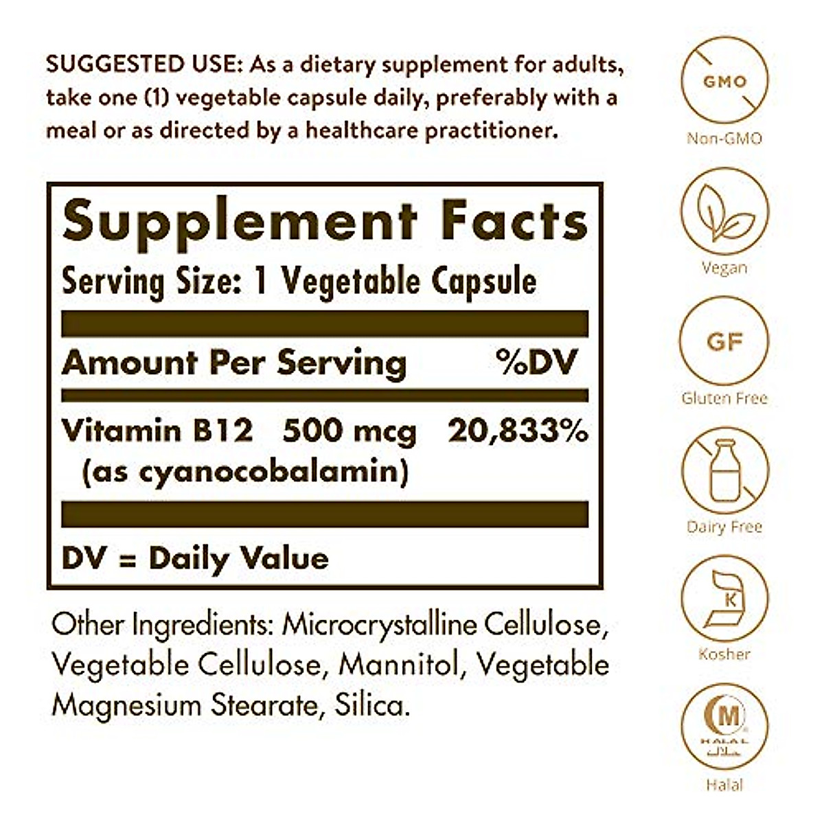Solgar Vitamin B12 500 mcg, 100 Vegetable Capsules - Energy Metabolism, Nervous System Support, Heart Health - Non-GMO, Vegan, Gluten Free, Dairy Free, Kosher, Halal - 100 Servings