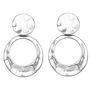 Rosemarie Collections Women's Statement Matte Hammered Metal Disc Hoop Dangle Clip on Style Earrings, 2.75" (Polished Silver Tone)