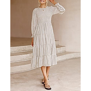 ZESICA Women's Casual Plaid Crew Neck Long Puff Sleeve Elastic Waist Smocked Flowy Tiered Midi Dress,Beige,Medium