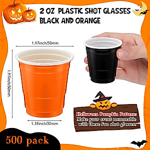 Lounsweer 500 Pcs 2 oz Halloween Cups Bulk Mini Plastic Shot Cups for Party Disposable Shot Glasses Bulk Party Favor Glasses for Wedding Thanksgiving Christmas Parties, Black and Orange