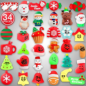 VNAMO Christmas Squishy Toys, 34 PCS Squishies Christmas Party Favors for Kids Boys Girls, Mochi Kawaii Squishy Stress Reliever Anxiety Toys, Classroom Prize Bulk Gifts for Christmas Treat Goody Bags
