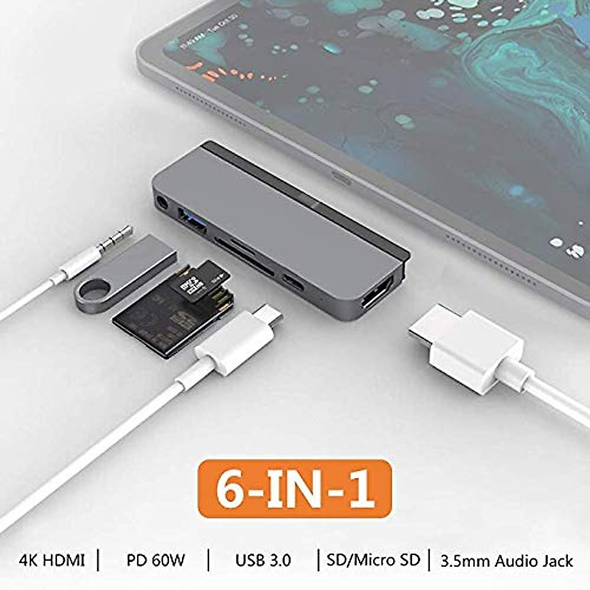 HyperDrive 6-in-1 USB C Hub HDMI 4K 60Hz - PD 60W, Audio Jack, SD/MicroSD, USB-A Compatible w/iPad Pro Air 2020 2019 2018, M1 iPad Pro 2021, Space Gray