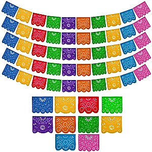 Mexican Party Banners (5 Pack with 10 Multicolor Plastic Flags per Banner) - Mexican Themed Party Decorations - Papel Picado Mexicano Para Fiesta - Mexican Fiesta Party Decorations - Mexican Décor