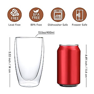 CNGLASS Double Wall Thermo Glass Cup 13.5 oz,Insulated Glass Coffee Set of 2