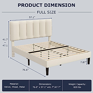 VECELO Full Bed Frame with Upholstered Headboard, Heavy-Duty Platform Bedframe with Strong Wooden Slats Support, No Boxing Spring Needed, Pale Beige