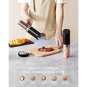 Sangcon Gravity Electric Salt and Pepper Grinder Set, Battery Salt and Pepper Mill Set with Dust Cover, 8 Oz Large Capacity Automatic Pepper Shaker with Light，Adjustable Coarseness, 2 Pack (Black)