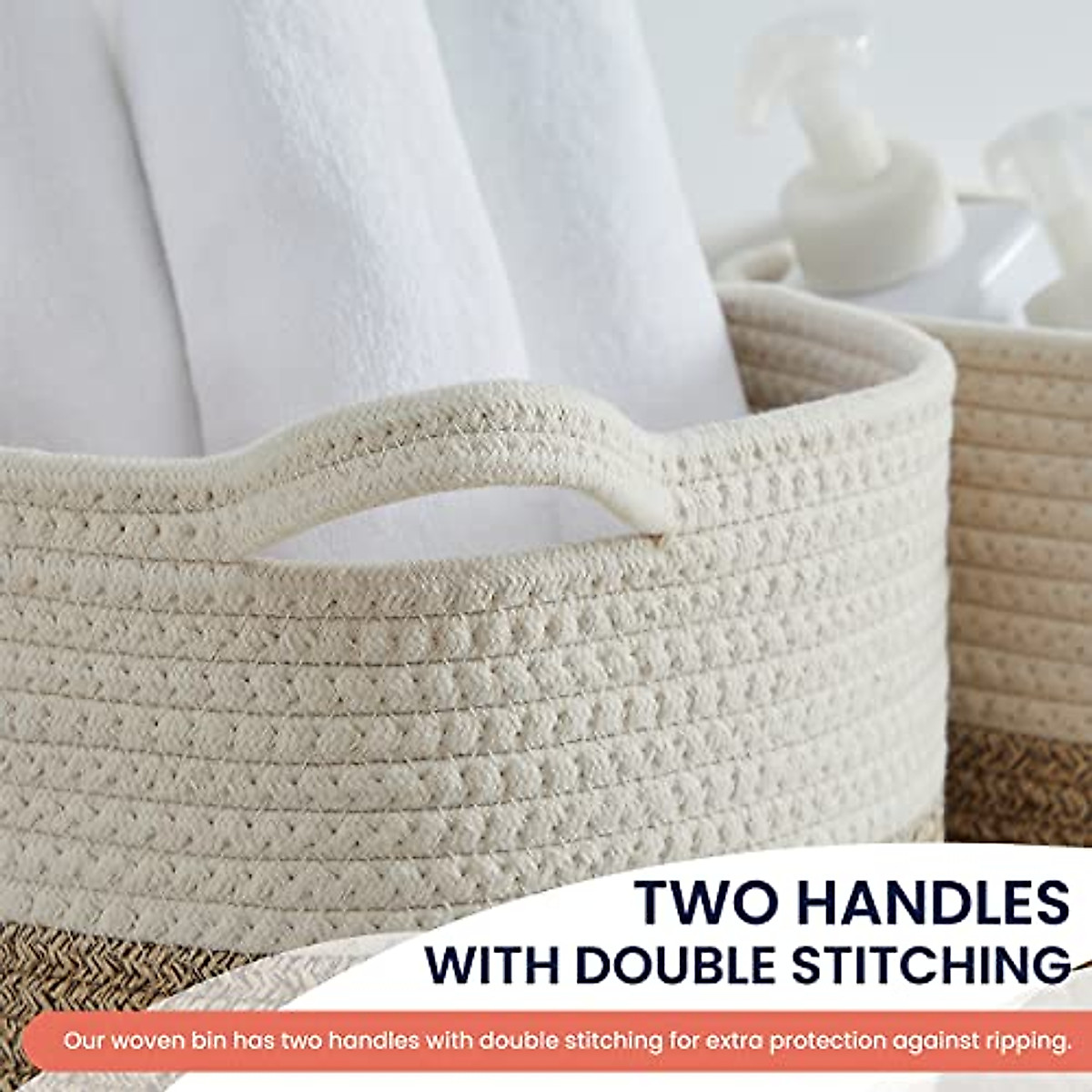 Ornavo Home 3 Pack Woven Cotton Rope Storage Shelf Basket with Handles, Closet Shelf Storage Fits 12" inch Cube - 11x11x11 - White/Beige