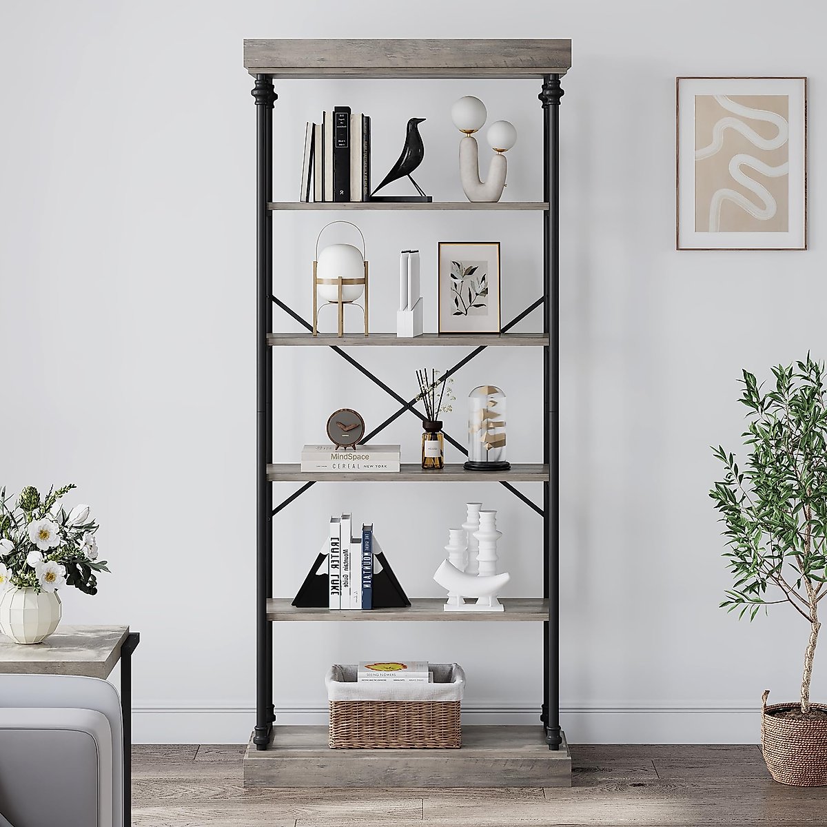 IDEALHOUSE Industrial Bookshelf Wood Bookcase 6 Tier Storage Open Rack Shelf with Metal Frame Rustic Tall Standing Bookshelves Large Grey Display Rack for Bedroom,Living Room and Home Office