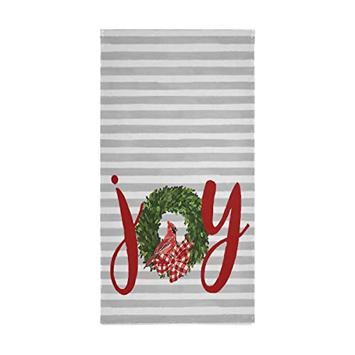 Christmas Wreath Joy to World Hand Bath Towel Winter Cardinal Birds Kitchen Bathroom Faucet Towel White Gray Stripe Fingertip Towel Set Highly Absorbent Guest Shower Towels 16x30 Holiday Decorations