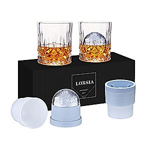 Whiskey Rocks Glass, Set of 4 (2 Crystal Bourbon Glasses, 2 Round Big Ice Ball Molds) In Gift Box - 10 Oz Old Fashioned Glasses for Scotch Cocktail Rum Cognac Vodka Liquor, Unique Gifts for Men