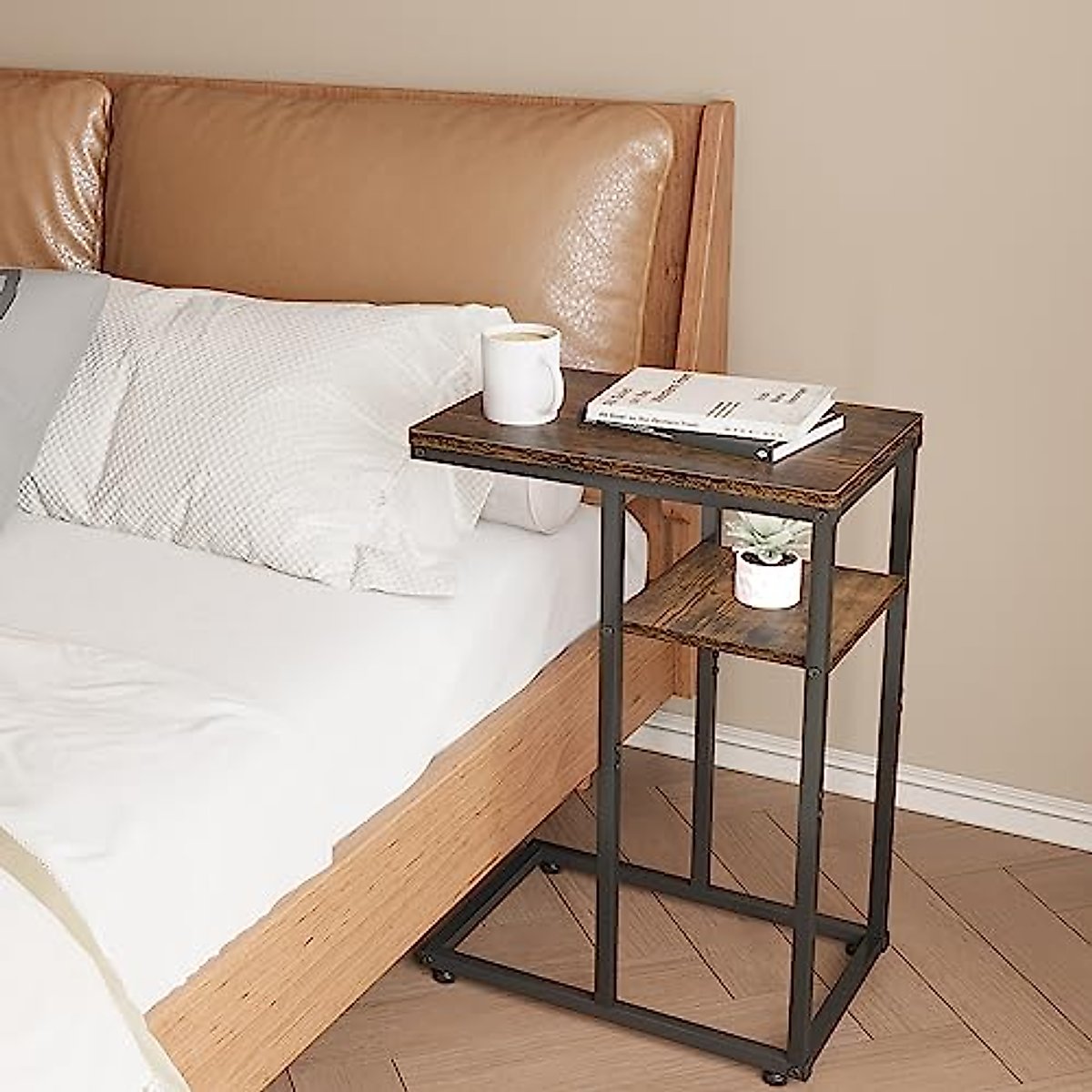 Fixwal End Table, C Shaped, Small Beside Table, Laptop Table, Side Table for Couch and Bed, Rustic Vintage Style, Bedside Table