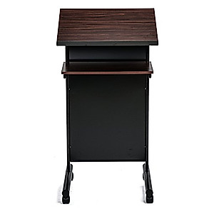 Wheeled Lectern with Storage Shelf - Cherry/Black - Compact Standing Desk for Reading - Laptop Stand