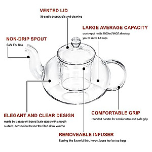 Glass Teapot Set, 34OZ/1000ML Glass Tea Kettle with Loose Tea Infuser & Warmer, 5oz/150ML Tea Cup & Saucer Set of 4, Stovetop & Microwave Safe Tea Maker, Blooming Tea Gift Set For Women