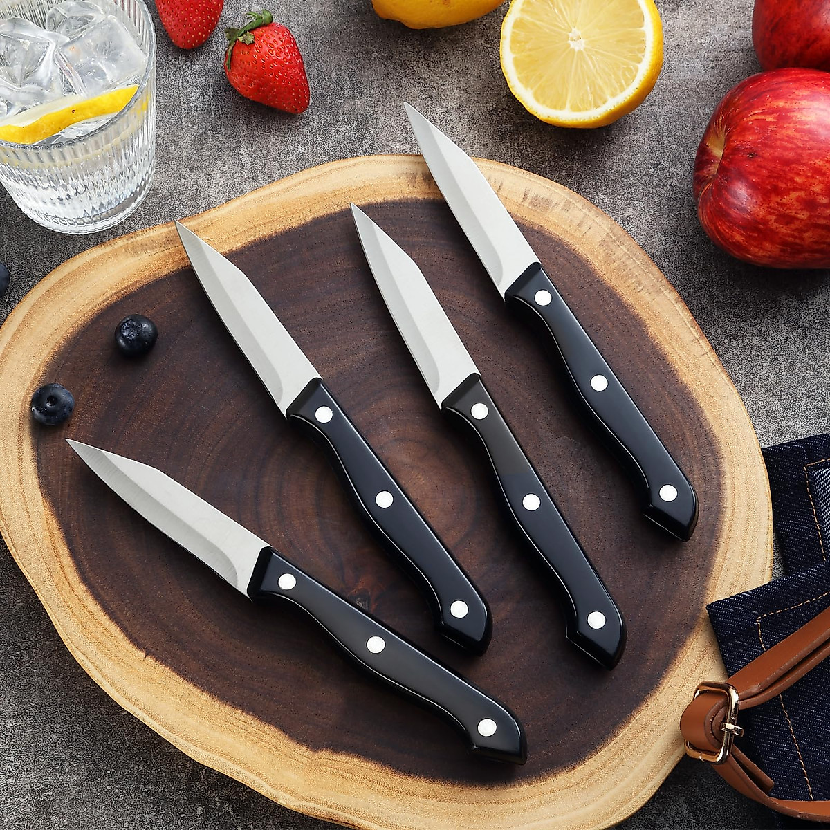 BEWOS 4-Piece Paring Knife Set, 3.5 Inch Paring Knives with Ergonomic Handle, Triple Rivet Paring Knife, Cutting Knife & Peeling Knife for Vegetable and Fruit, Kitchen Knives, Stainless Steel/Black