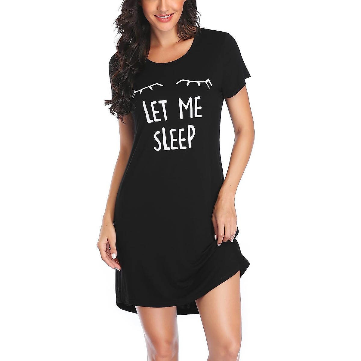 EISHOPEER Womens Sleep Shirts Soft Night Shirt Short Sleeve Nightgown Cute Sleep Wear Dress Black