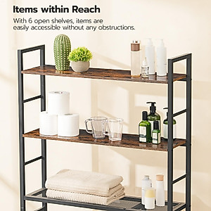 HOOBRO 6-Tier Over The Toilet Storage, Freestanding Bathroom Organizer Space Saver, Mass-Storage Side Storage Open Rack, for Bathroom, Living Room, Laundry, Rustic Brown and Black BF02TS01