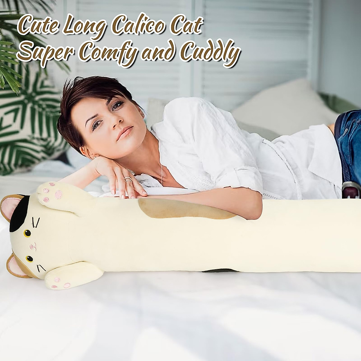 JEROKUMI Long Cat Plush Pillow, 31inch Cartoon Cat Boby Pillow Long Kitten Stuffed Animal, Soft Hugging Plush for Girls for Kids, Birthday