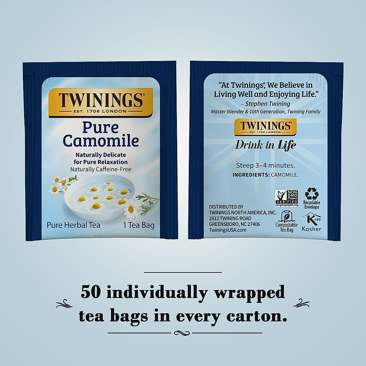 Twinings Pure Camomile Herbal Tea - Naturally Caffeine-Free Camomile Tea Bags Individually Wrapped, 50 Count Ea