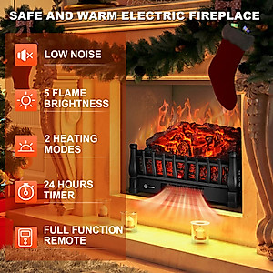 Electric Fireplace Logs Inserts Heater with Infrared Remote Controller 5 Flame Brightness 24h Timer Overheating Protection for Home and Office Decor Black